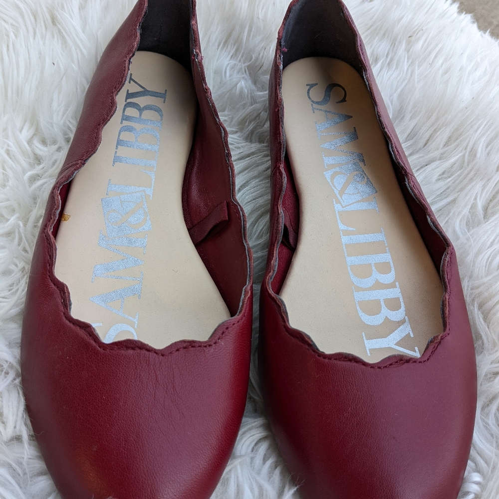 Sam & Libby Burgundy Red Leather Scalloped Flats 8 - Gem